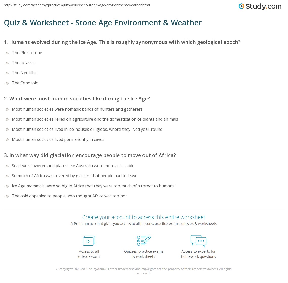 Quiz & Worksheet - Stone Age Environment & Weather | Study.com