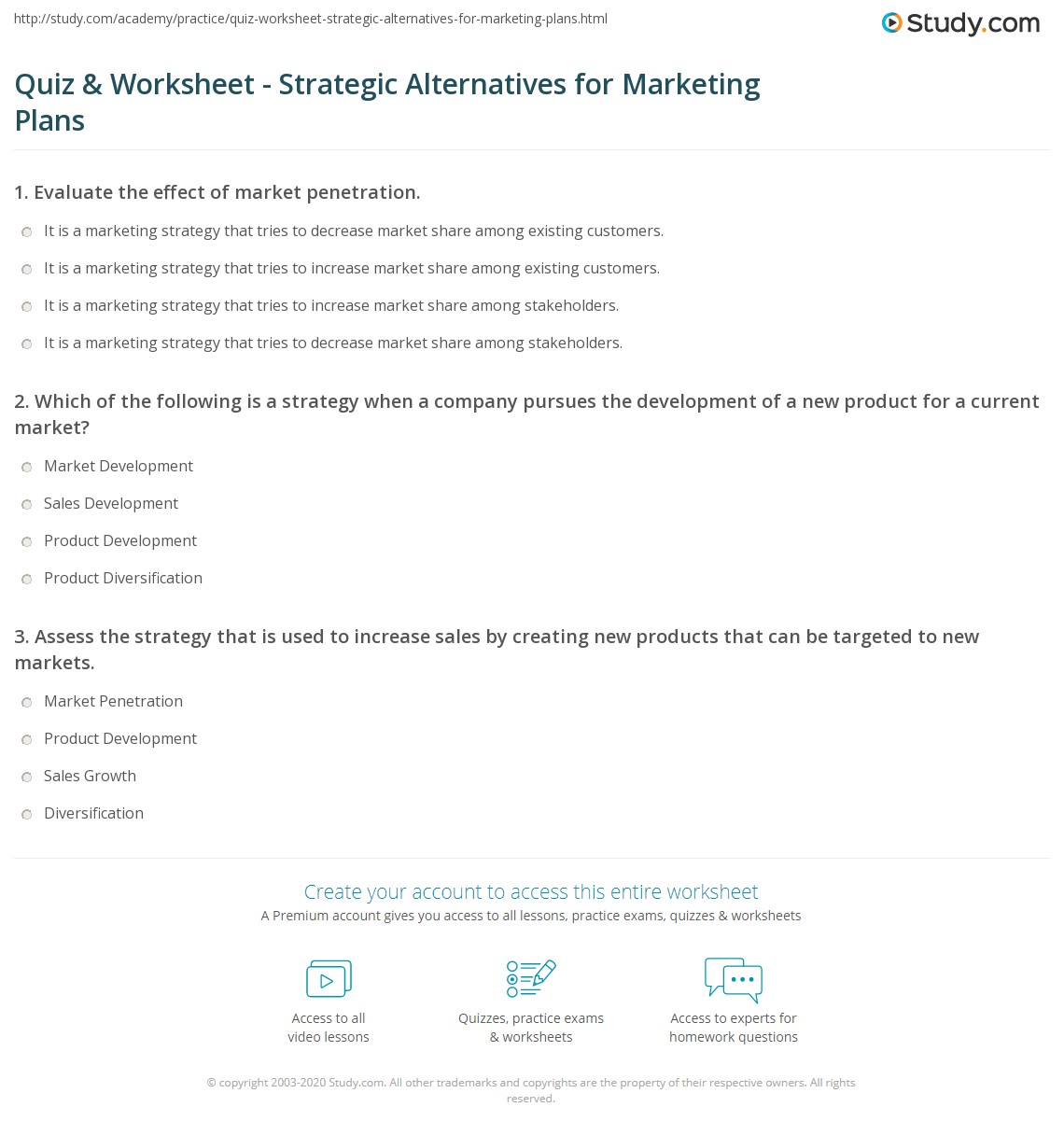 Quiz & Worksheet - Strategic Alternatives for Marketing Plans | Study.com