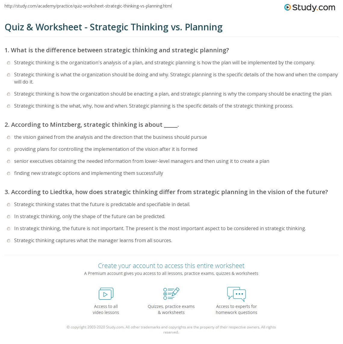 Quiz & Worksheet - Strategic Thinking vs. Planning | Study.com