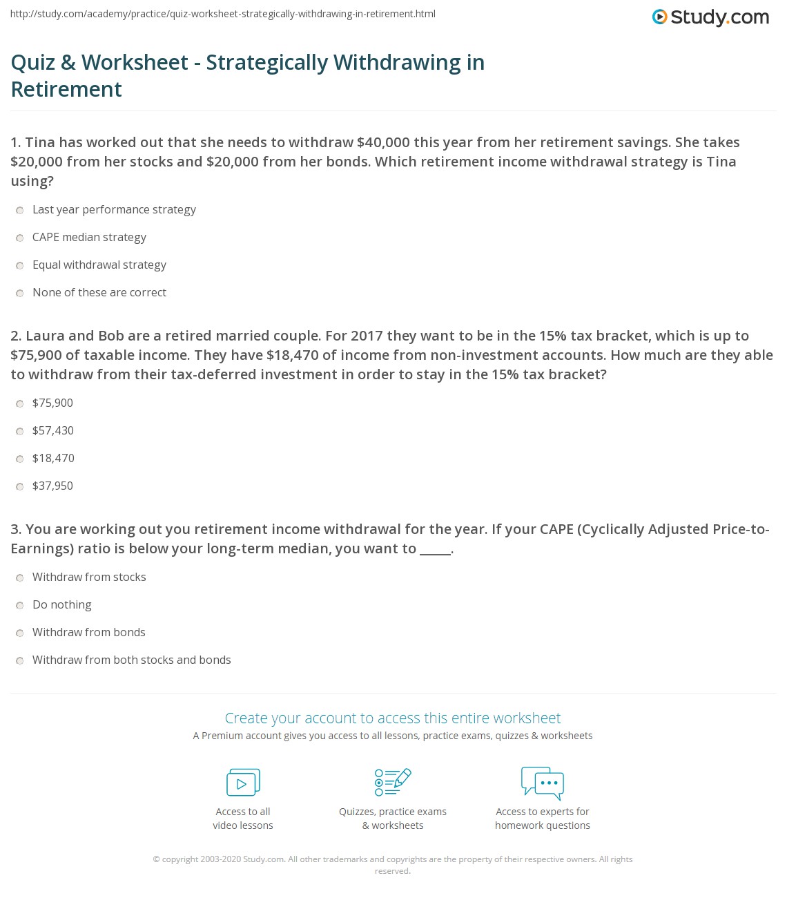 Quiz & Worksheet - Strategically Withdrawing in Retirement | Study.com