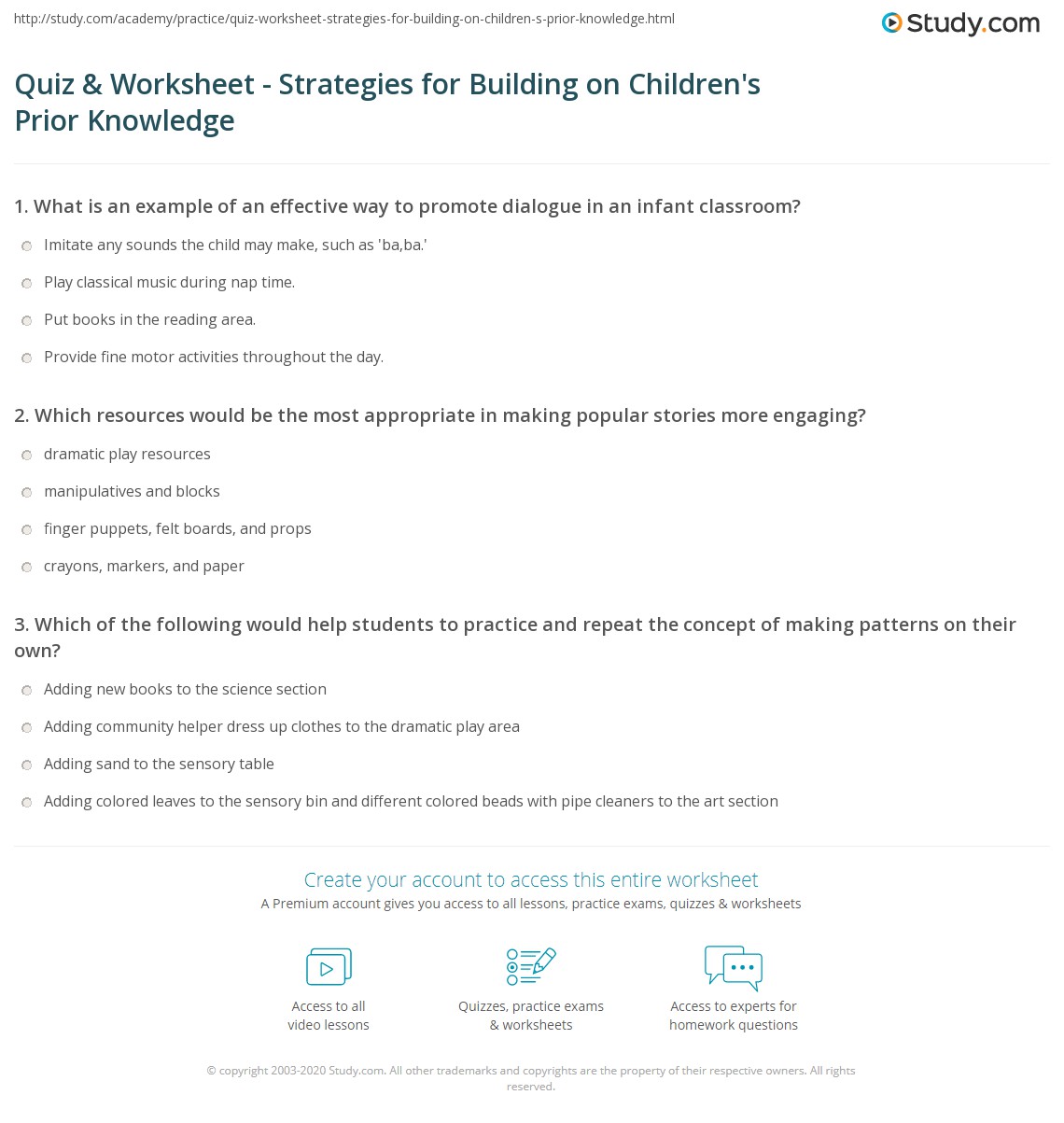 Quiz & Worksheet - Strategies for Building on Children's Prior ...