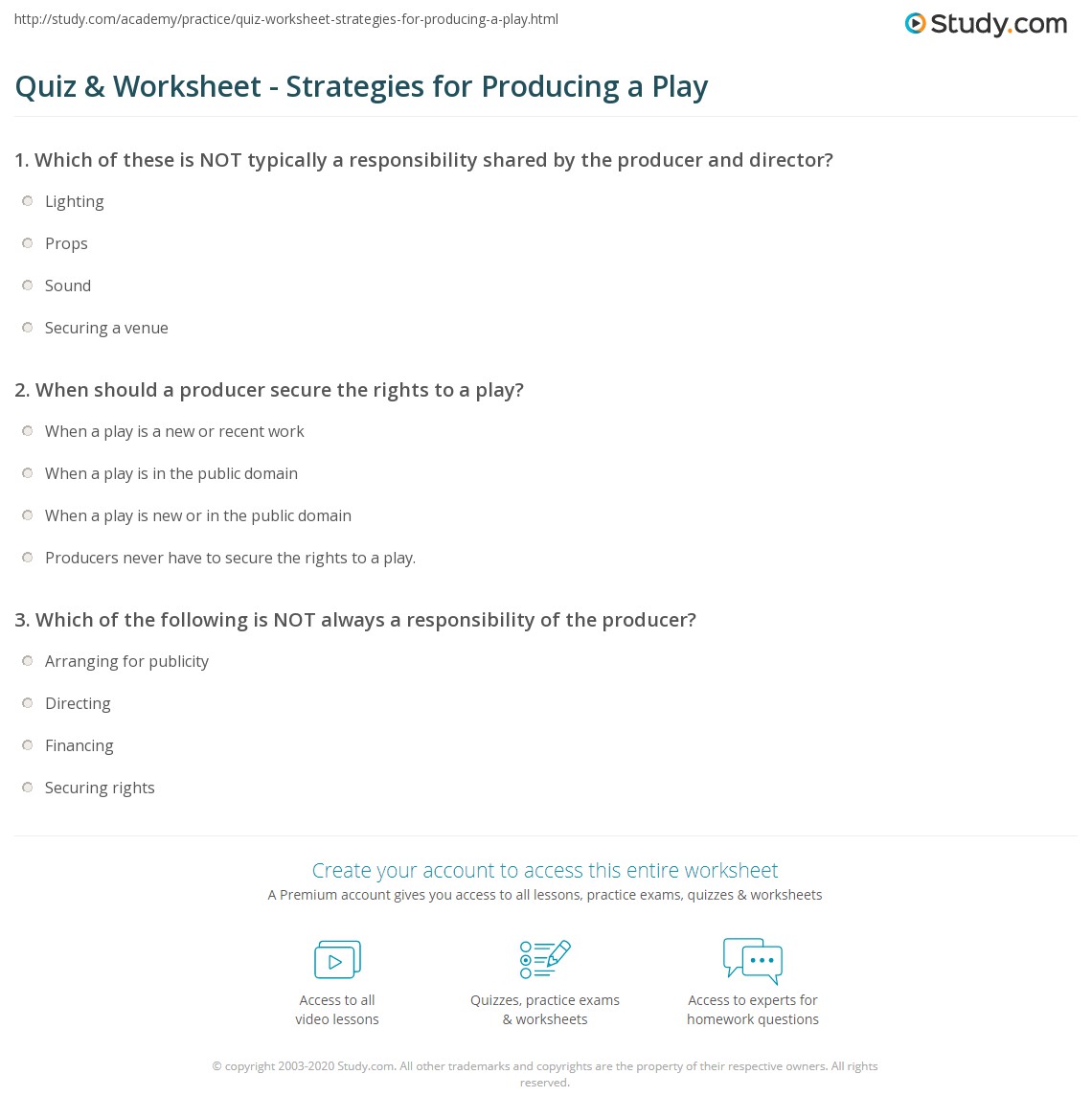 Quiz & Worksheet - Strategies for Producing a Play | Study.com