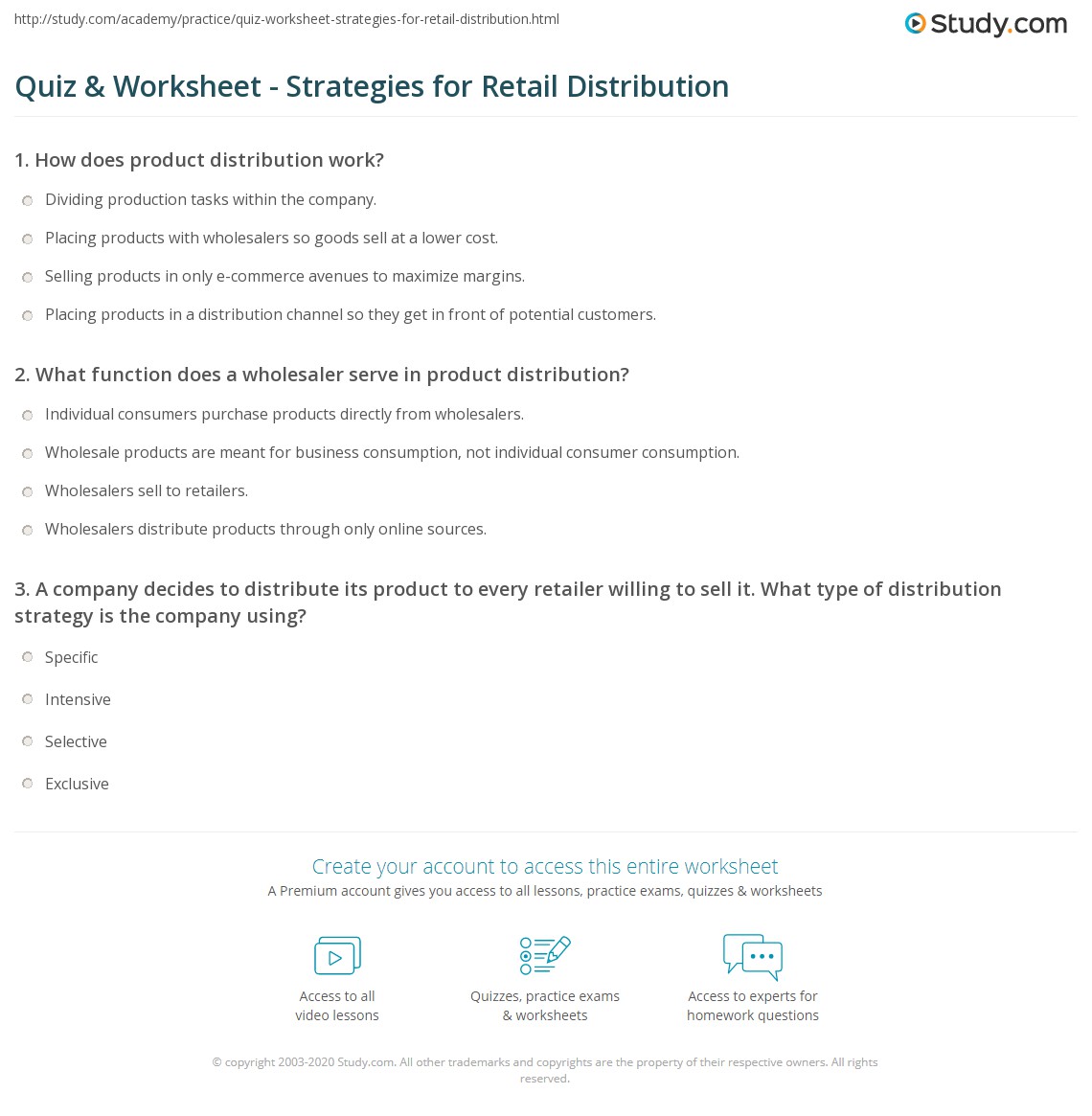 Quiz & Worksheet - Strategies for Retail Distribution | Study.com