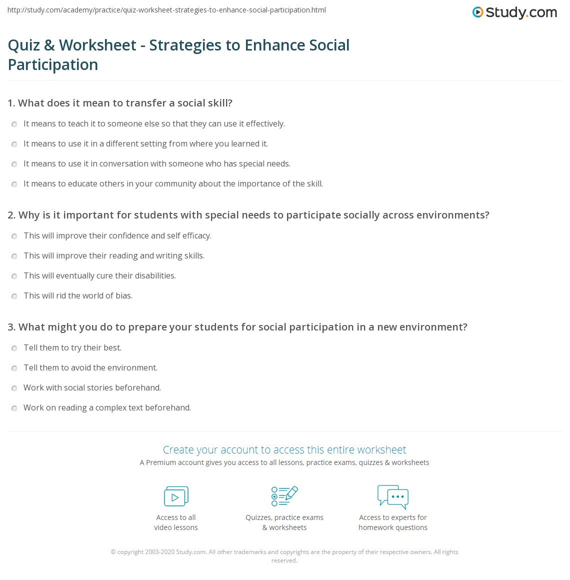 Quiz & Worksheet - Strategies to Enhance Social Participation | Study.com