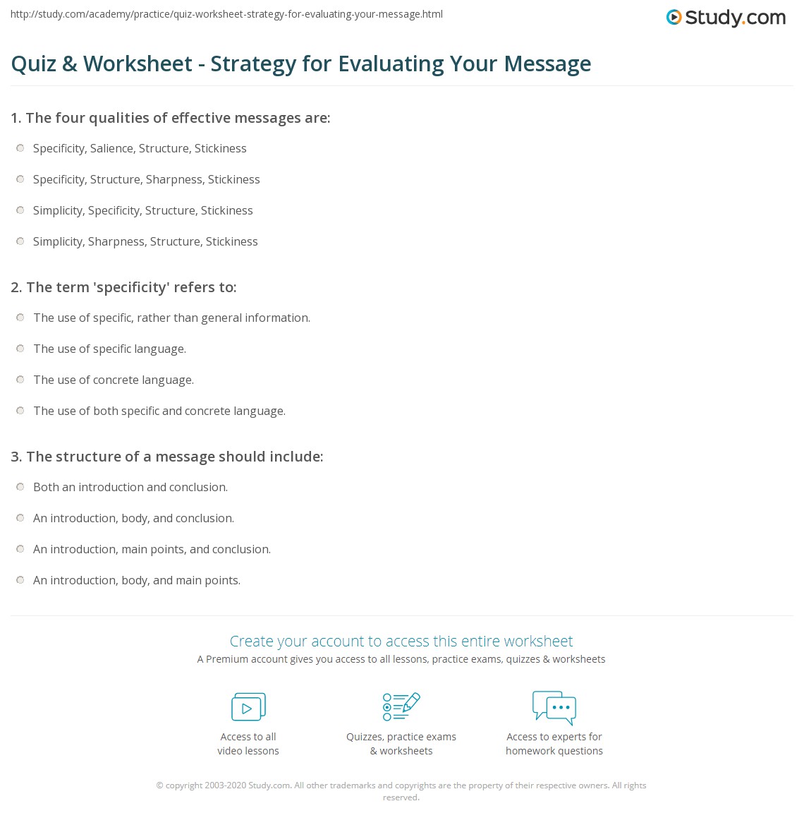 Quiz & Worksheet - Strategy for Evaluating Your Message | Study.com