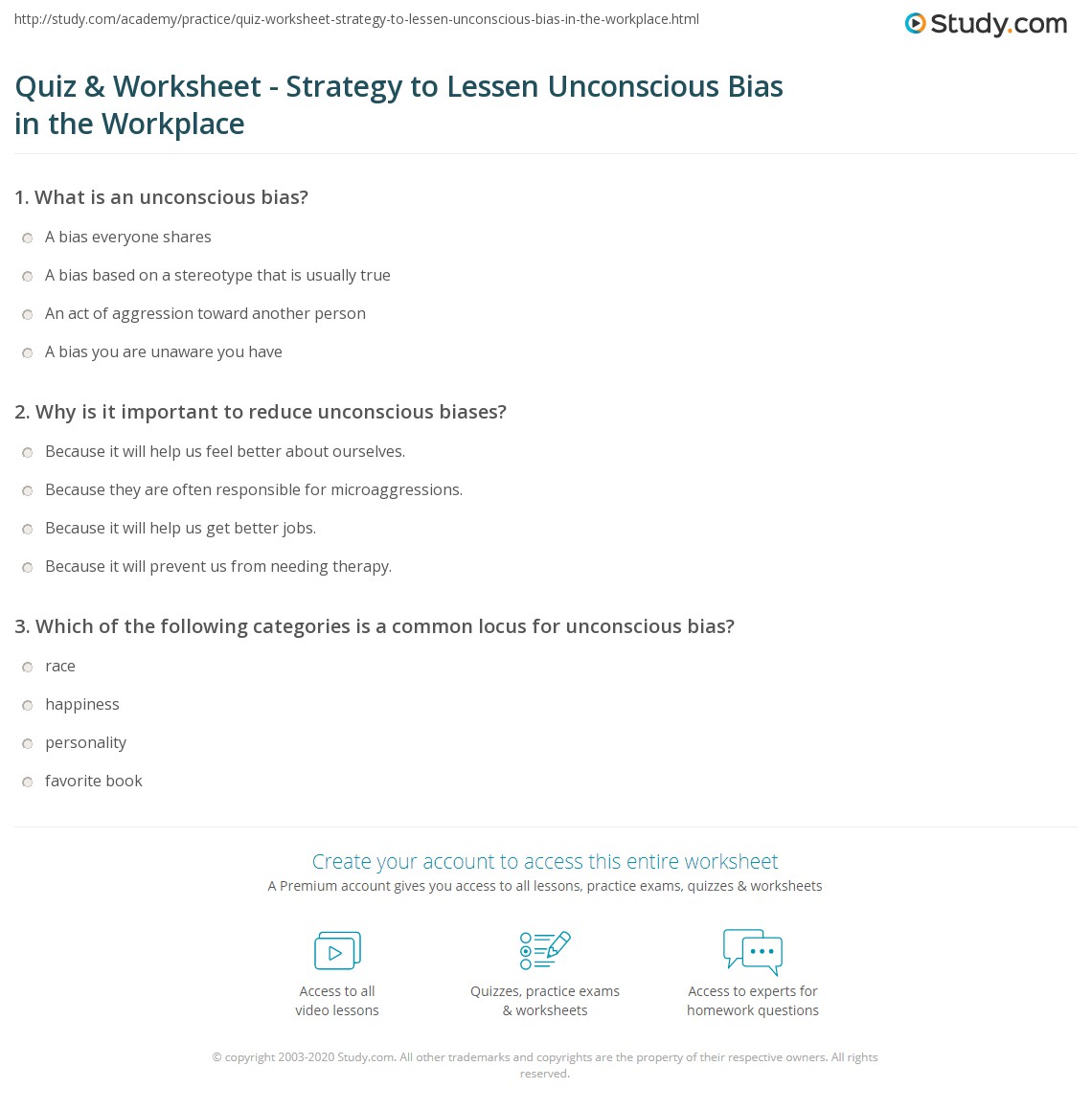 Quiz & Worksheet - Strategy to Lessen Unconscious Bias in the Workplace ...