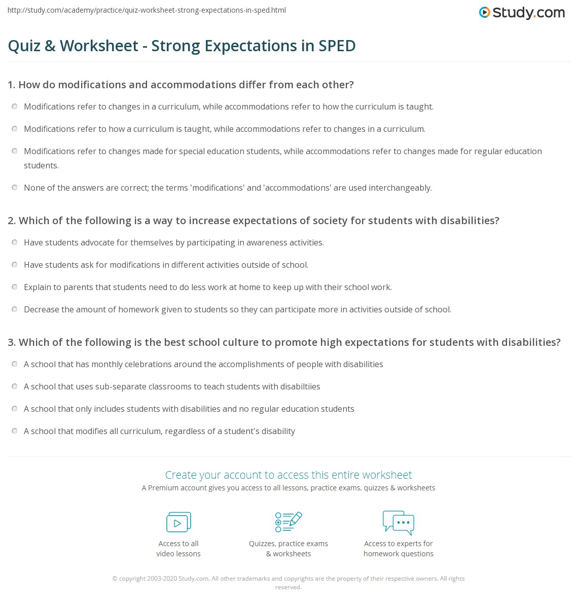 Quiz & Worksheet - Strong Expectations in SPED | Study.com