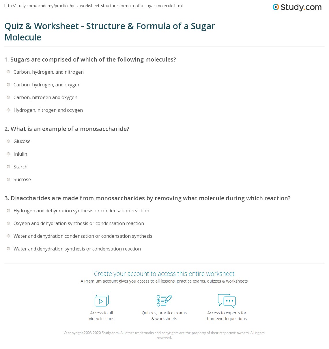 Quiz & Worksheet - Structure & Formula of a Sugar Molecule | Study.com