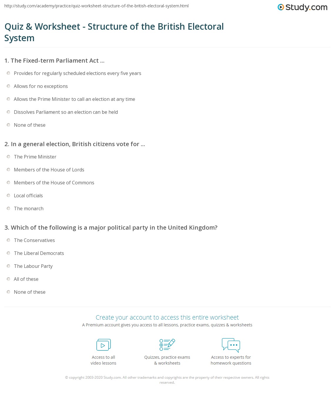 Quiz & Worksheet - Structure of the British Electoral System | Study.com