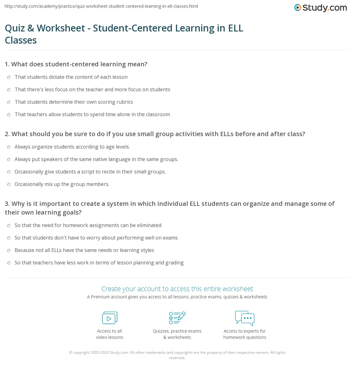 Quiz & Worksheet - Student-Centered Learning in ELL Classes | Study.com