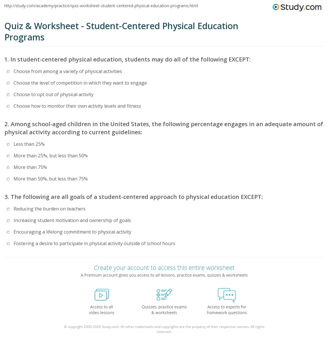 Quiz & Worksheet - Student-Centered Physical Education Programs | Study.com