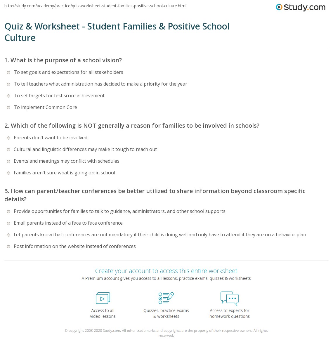 Quiz & Worksheet - Student Families & Positive School Culture | Study.com