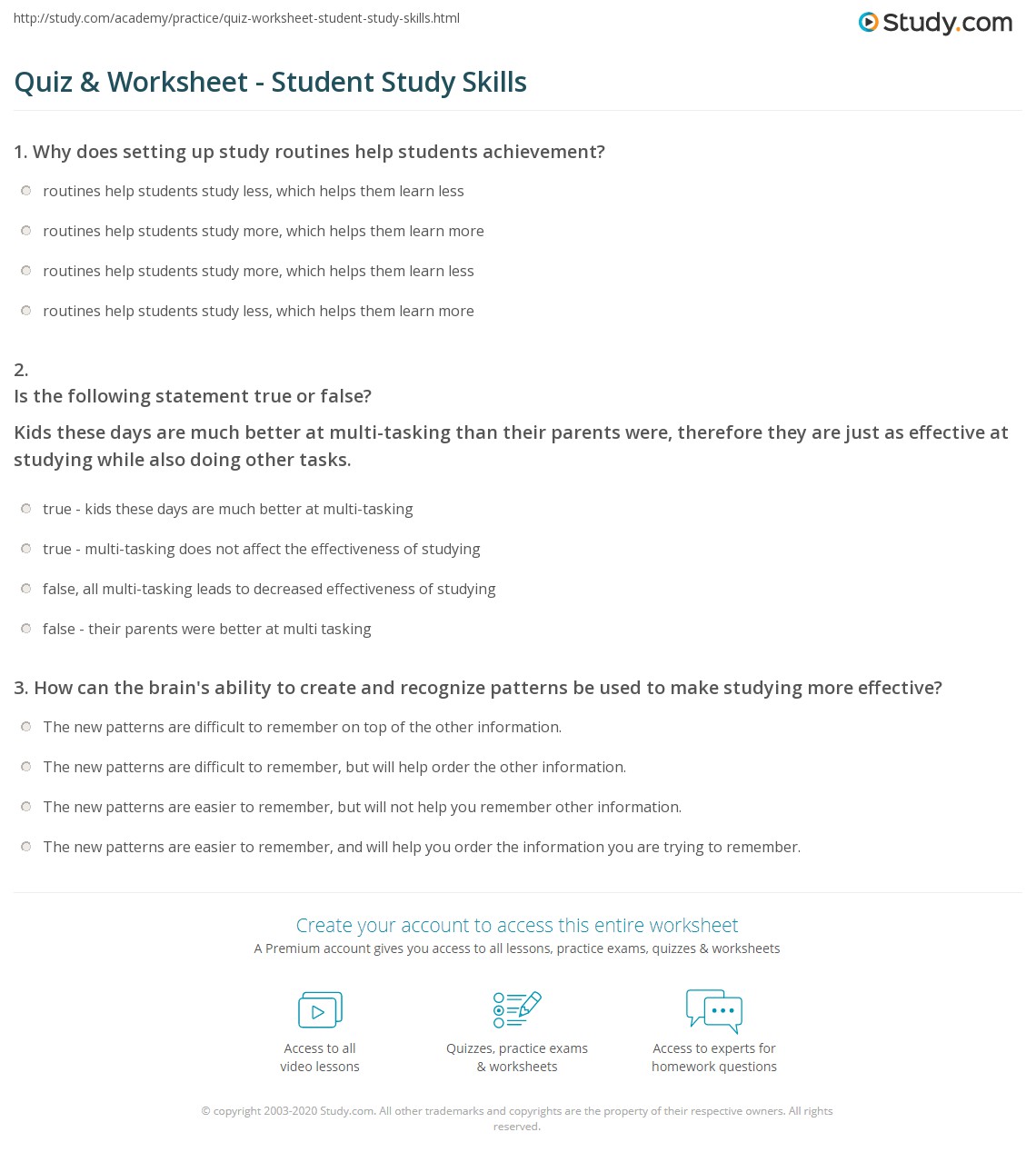 Quiz & Worksheet - Student Study Skills | Study.com