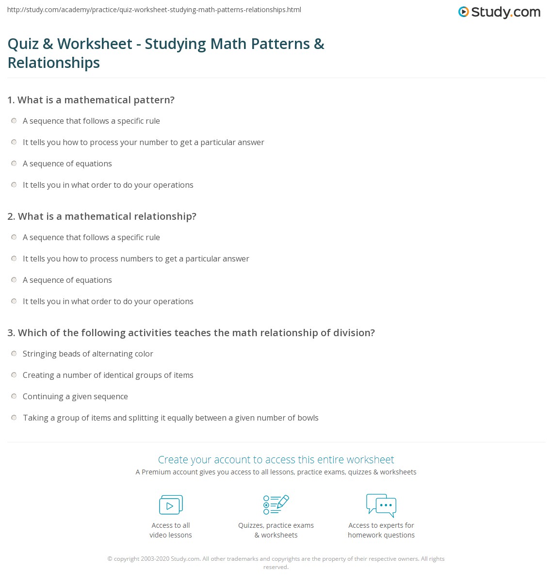 Quiz & Worksheet - Studying Math Patterns & Relationships | Study.com