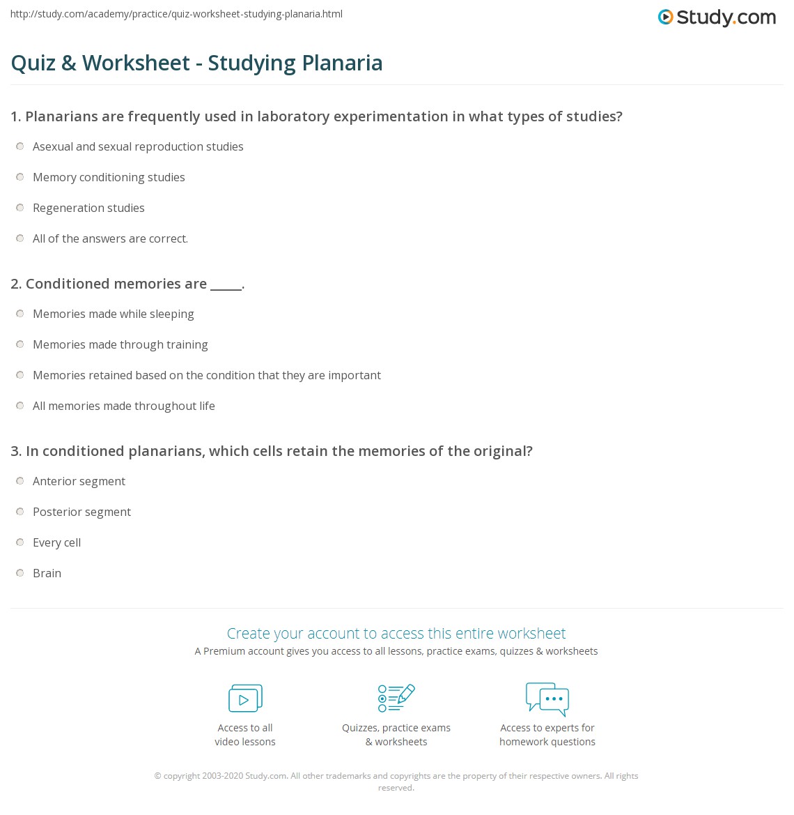 Quiz & Worksheet - Studying Planaria | Study.com