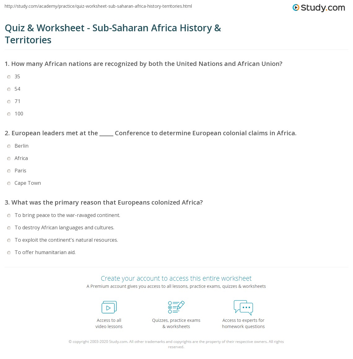 Quiz & Worksheet - Sub-Saharan Africa History & Territories | Study.com