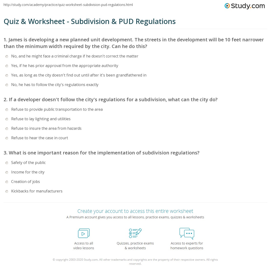 Quiz & Worksheet - Subdivision & PUD Regulations | Study.com