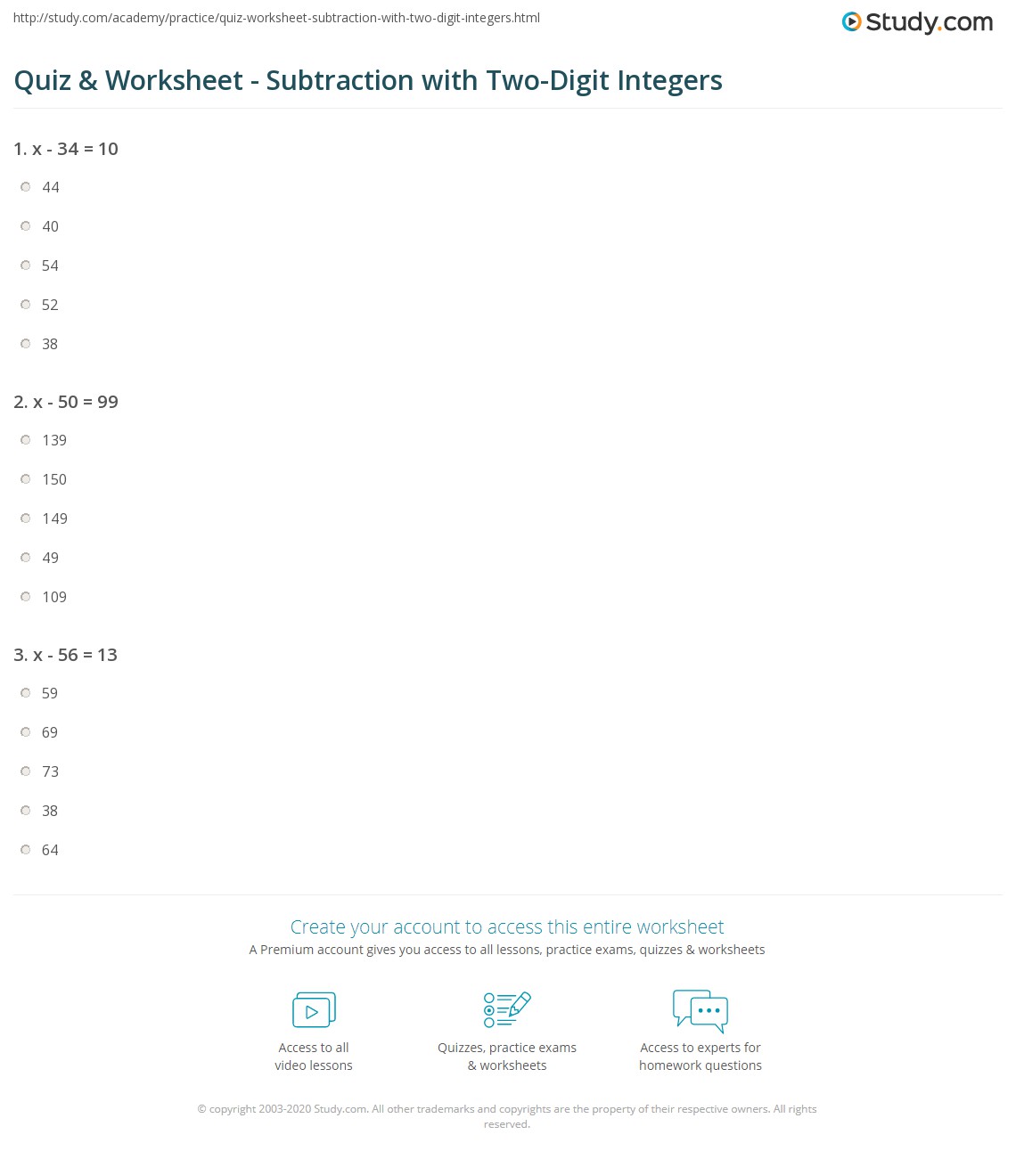 Quiz & Worksheet - Subtraction with Two-Digit Integers | Study.com