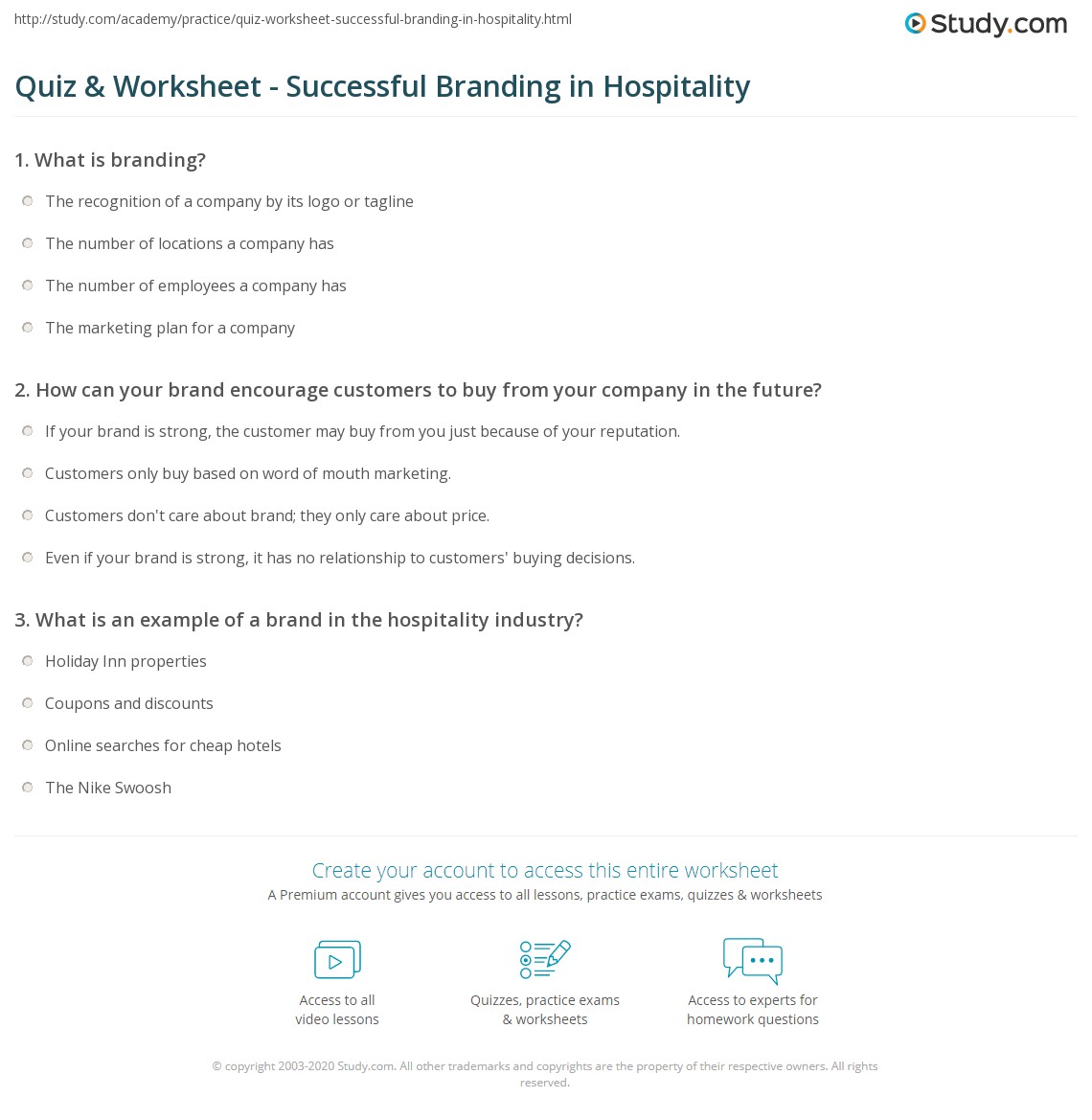 Quiz & Worksheet - Successful Branding in Hospitality | Study.com