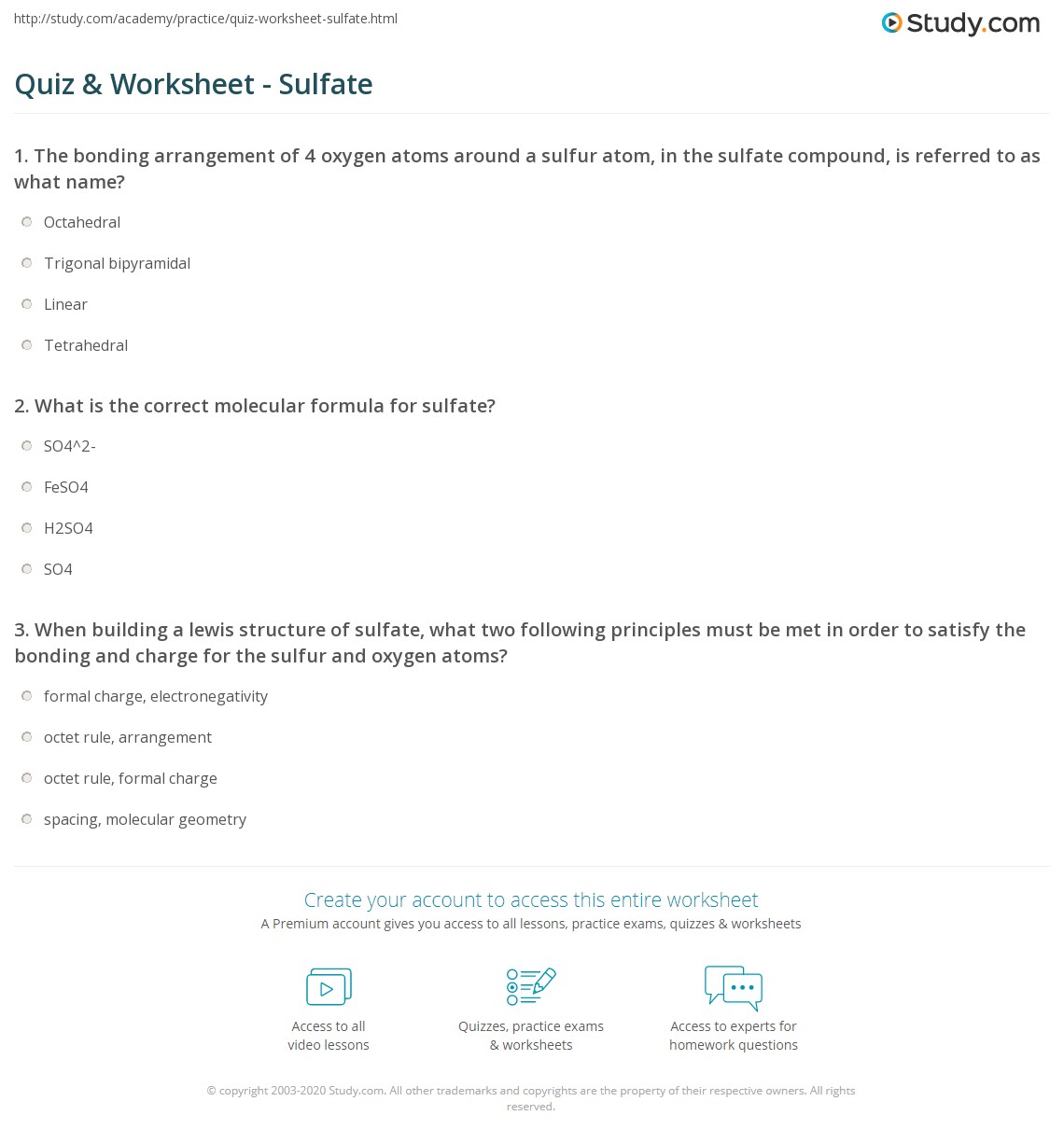 Quiz & Worksheet - Sulfate | Study.com