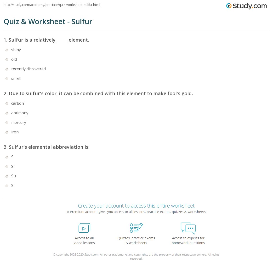 Quiz & Worksheet - Sulfur | Study.com