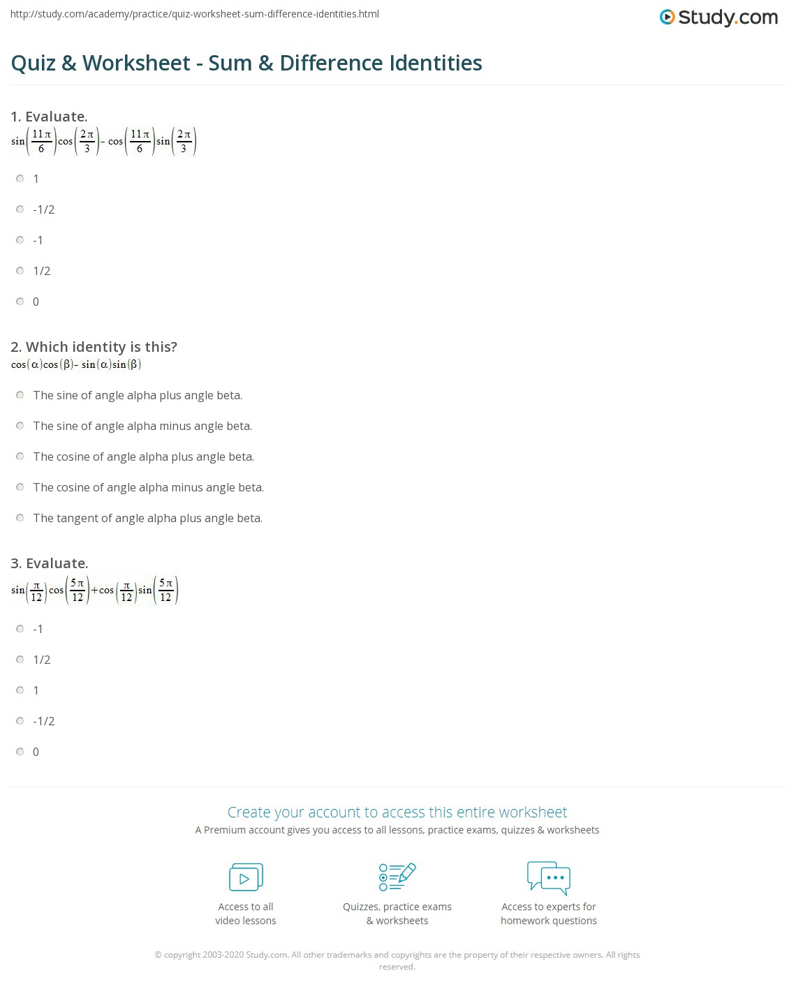 Quiz Worksheet Sum Difference Identities Study Quiz Worksheet Sum Difference Identities Study