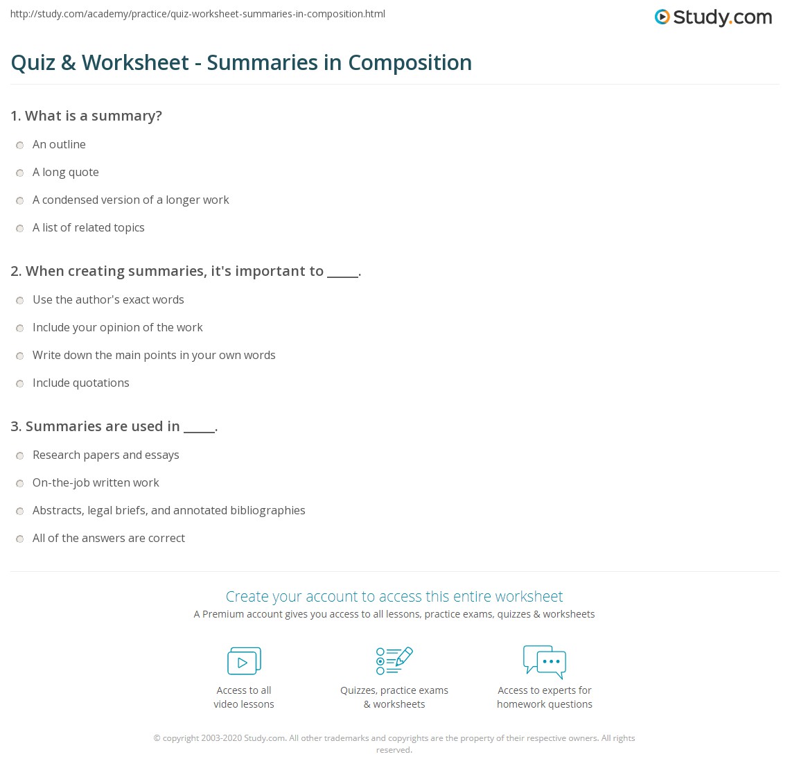 Quiz & Worksheet - Summaries in Composition | Study.com
