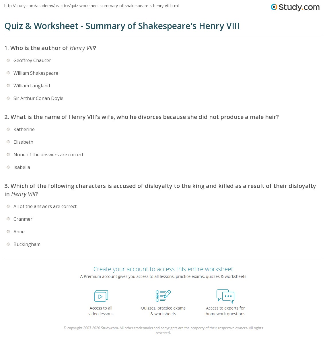 Quiz & Worksheet - Summary of Shakespeare's Henry VIII | Study.com