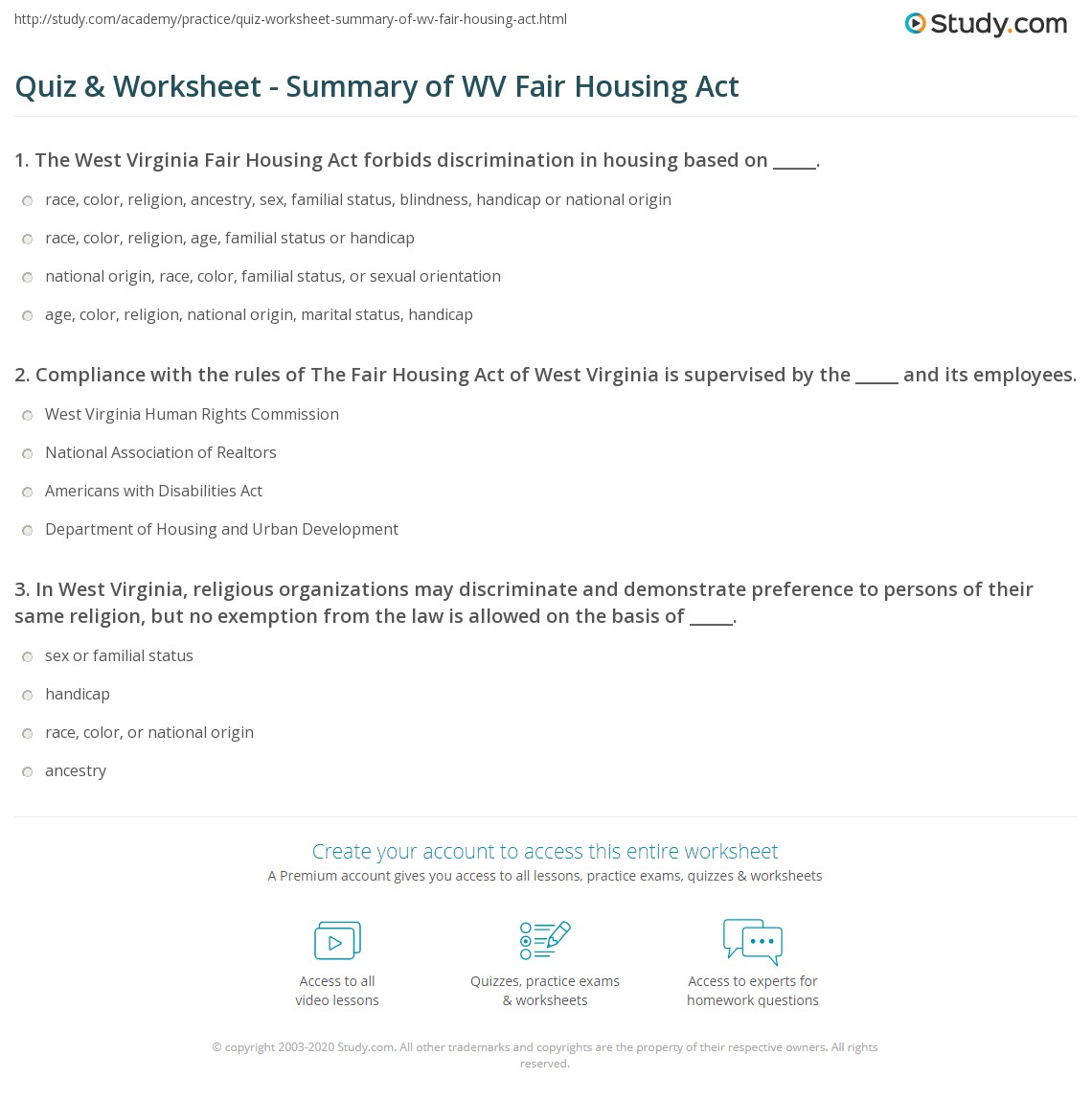 Quiz & Worksheet - Summary of WV Fair Housing Act | Study.com