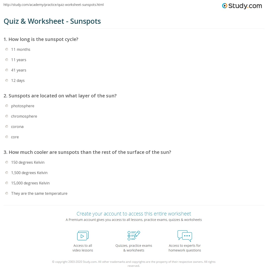 Quiz & Worksheet - Sunspots | Study.com
