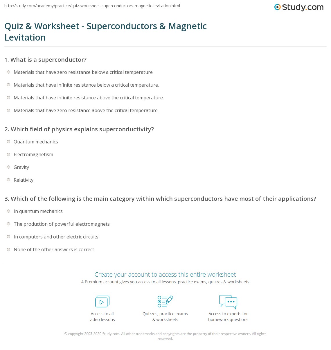 Quiz & Worksheet - Superconductors & Magnetic Levitation | Study.com