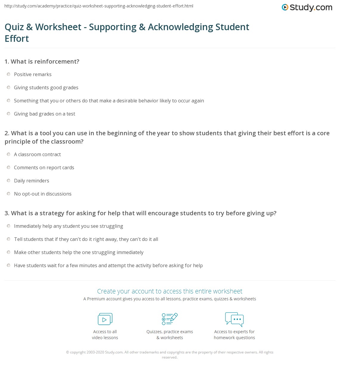 Quiz & Worksheet - Supporting & Acknowledging Student Effort | Study.com