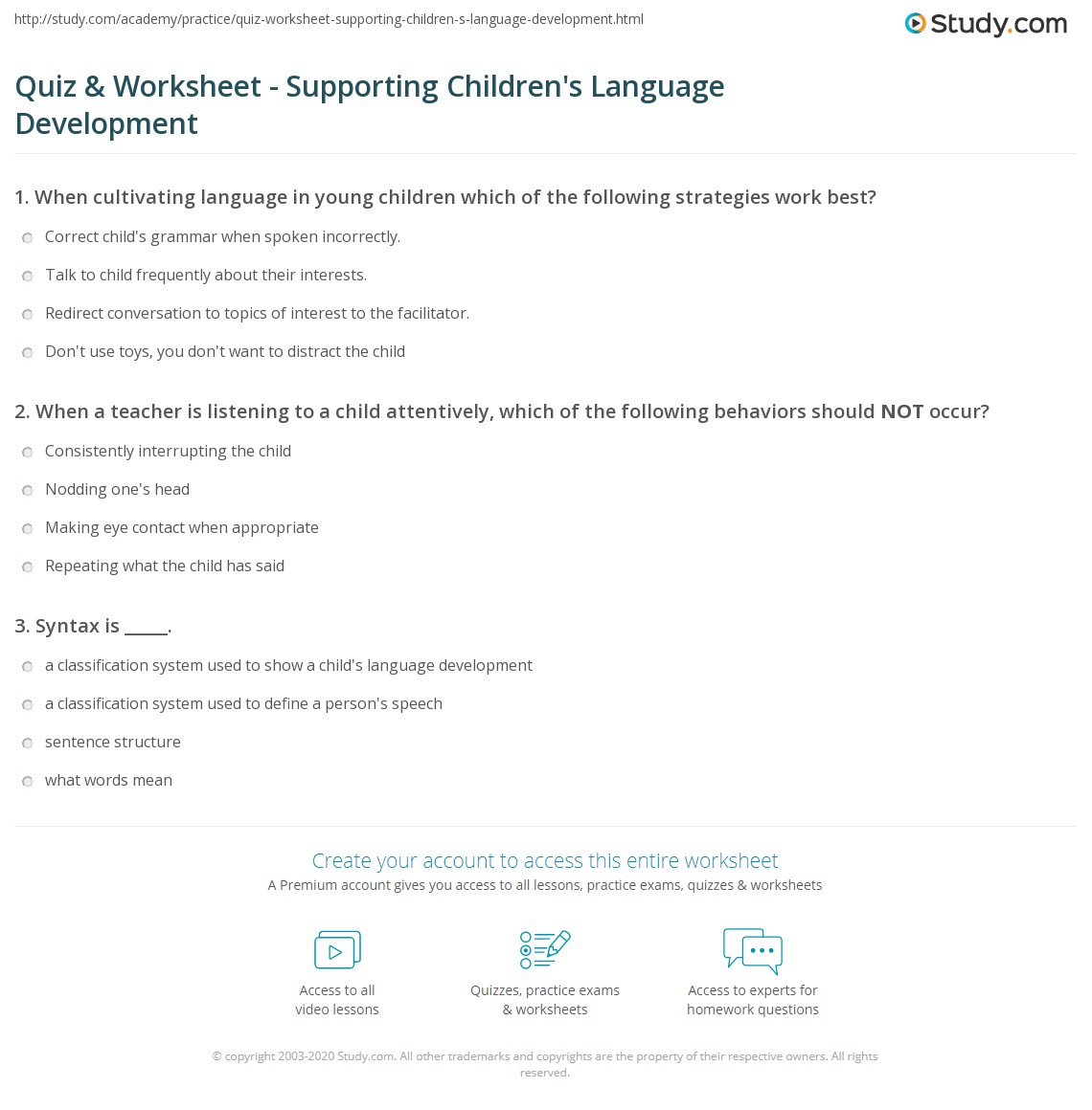 Quiz & Worksheet - Supporting Children's Language Development | Study.com
