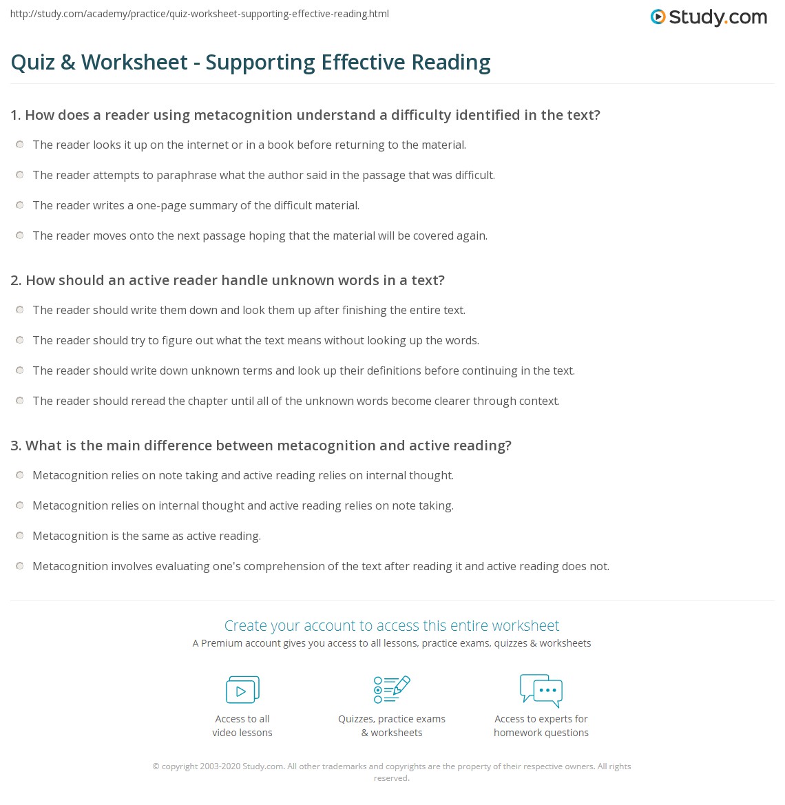Quiz & Worksheet - Supporting Effective Reading | Study.com