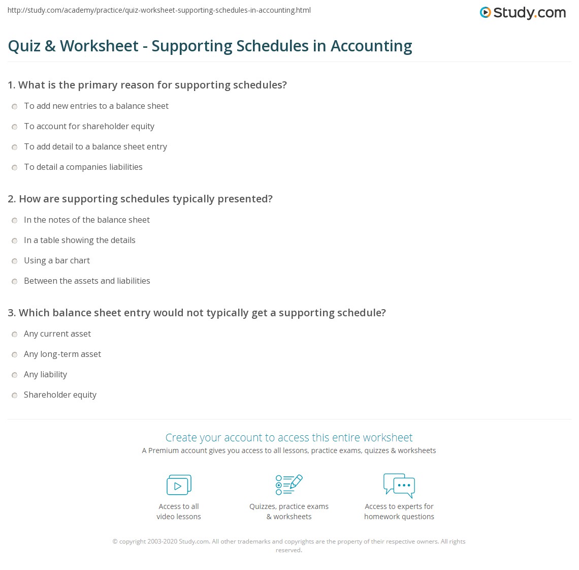 Quiz & Worksheet - Supporting Schedules in Accounting | Study.com