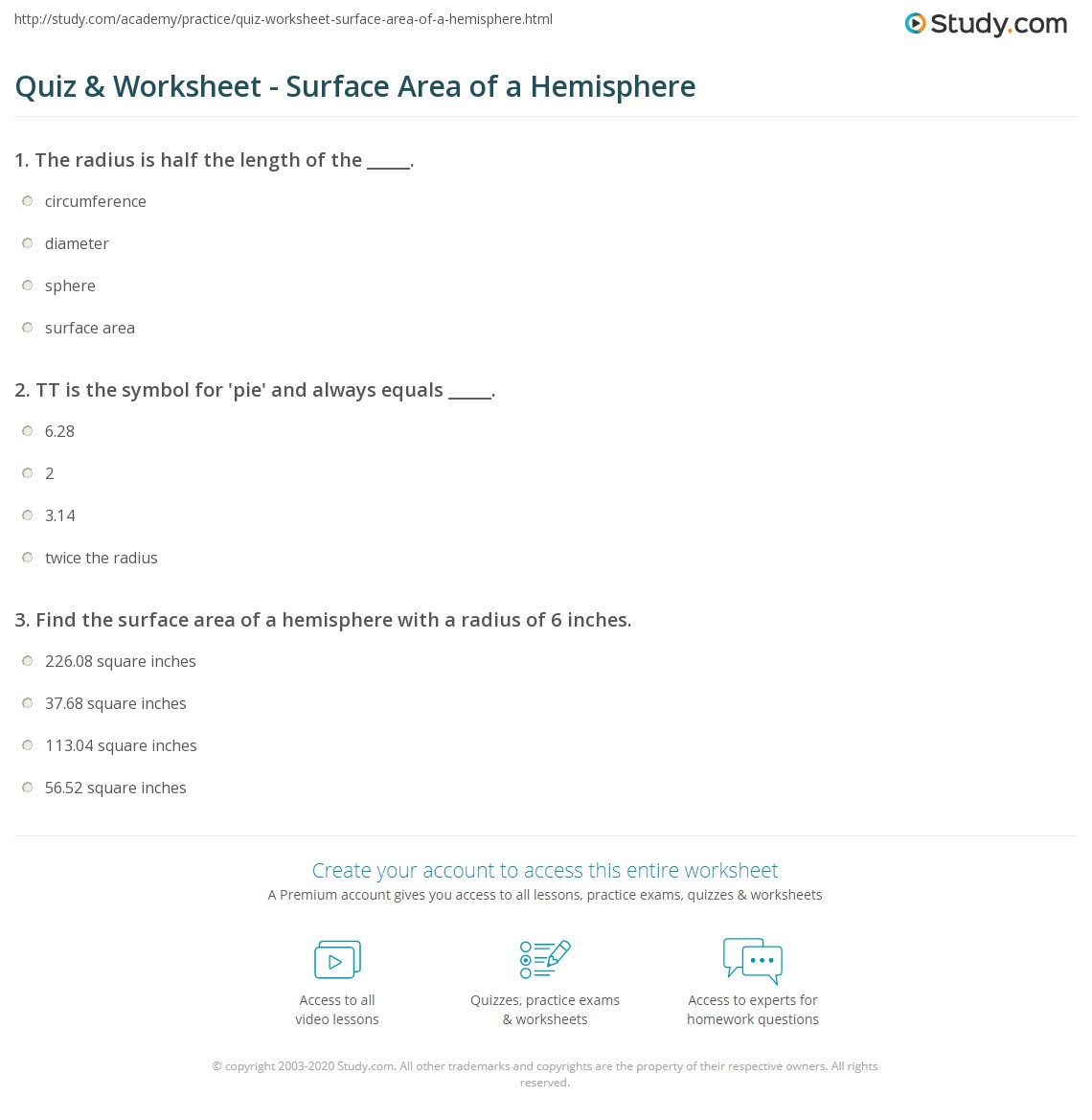 Quiz & Worksheet - Surface Area of a Hemisphere | Study.com