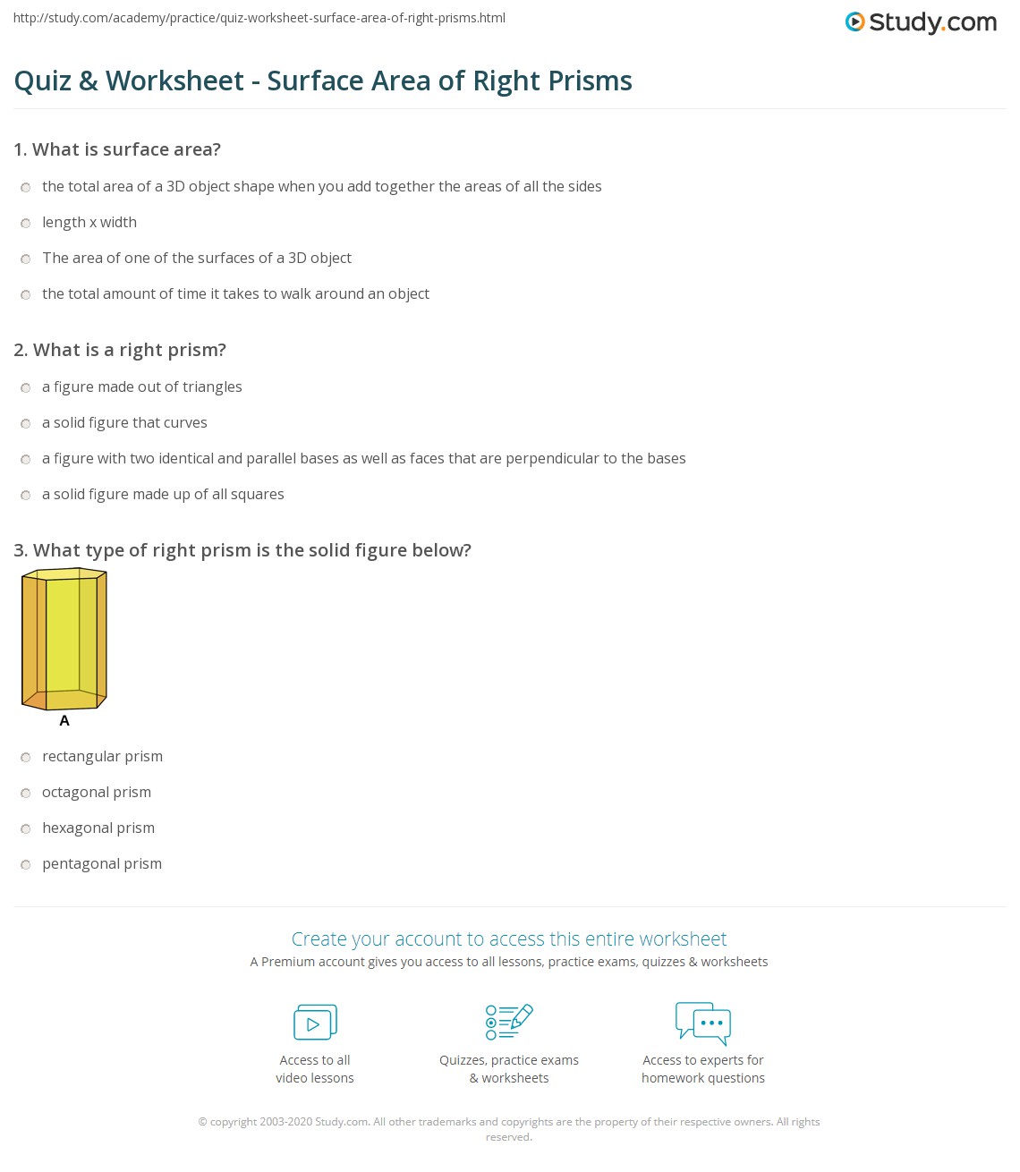 Quiz & Worksheet - Surface Area of Right Prisms | Study.com