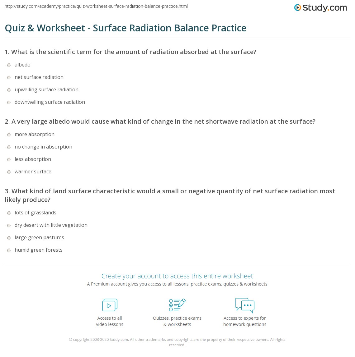Quiz & Worksheet - Surface Radiation Balance Practice | Study.com