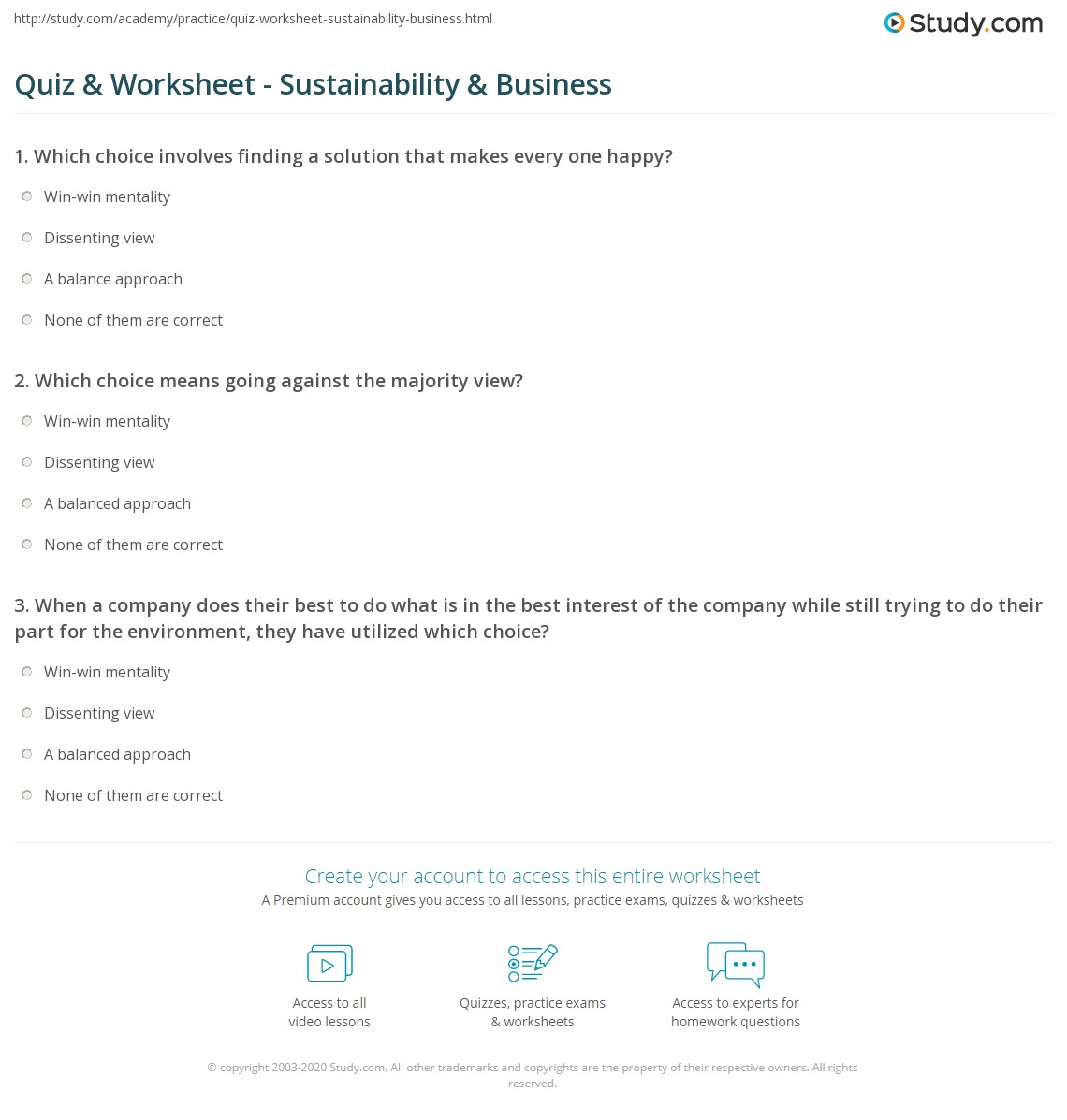 Quiz & Worksheet - Sustainability & Business | Study.com