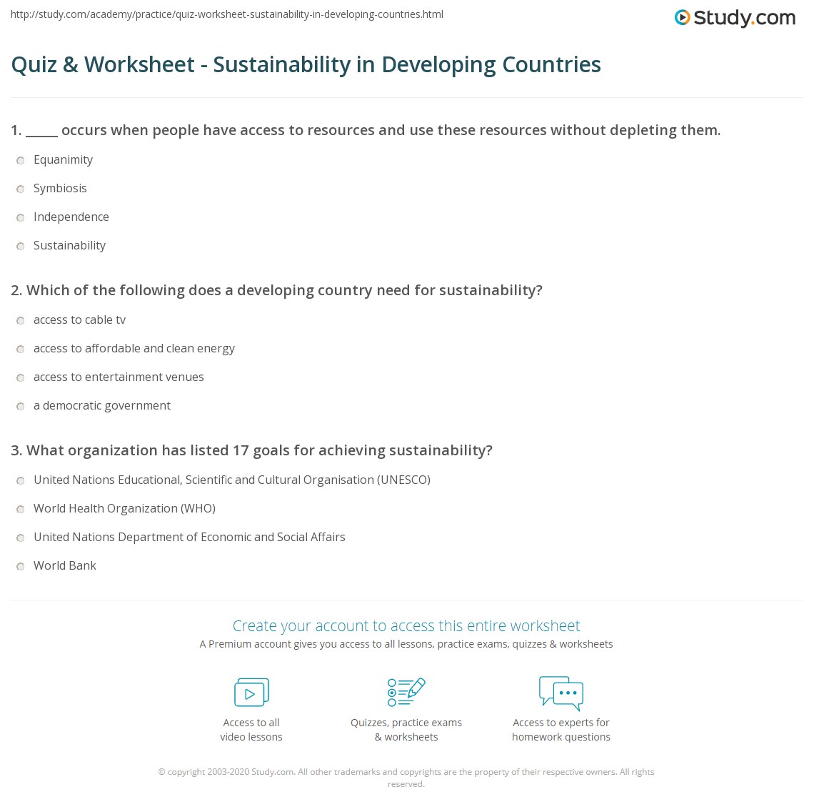 Quiz & Worksheet - Sustainability in Developing Countries | Study.com