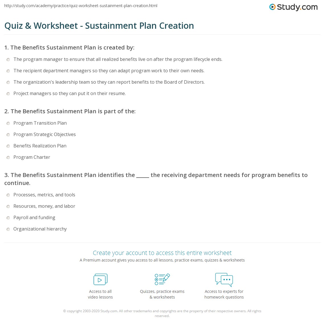 Quiz & Worksheet - Sustainment Plan Creation | Study.com