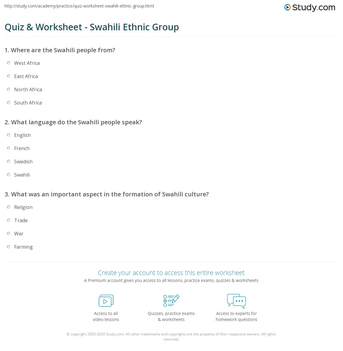 Quiz & Worksheet - Swahili Ethnic Group | Study.com