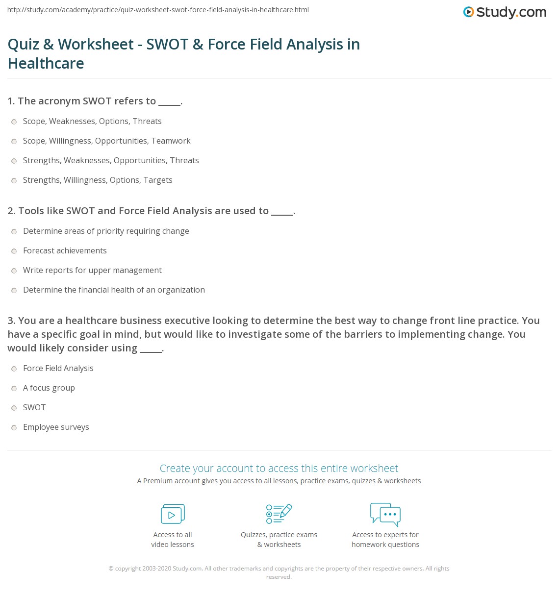 Quiz & Worksheet - SWOT & Force Field Analysis in Healthcare | Study.com