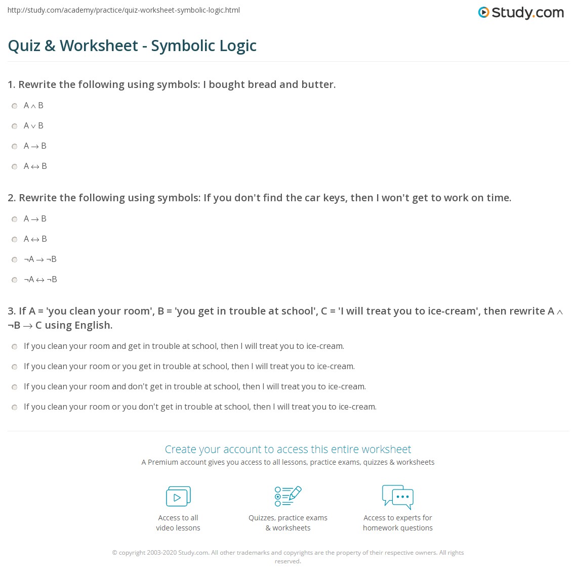 Quiz Worksheet Symbolic Logic Study Quiz Worksheet Symbolic Logic Study