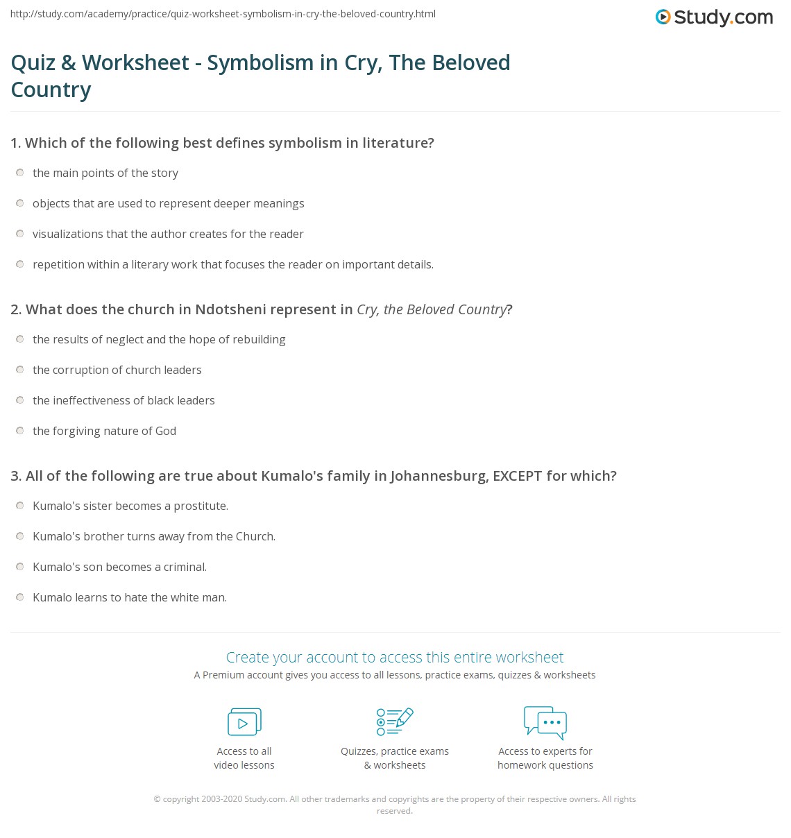 Quiz & Worksheet - Symbolism in Cry, The Beloved Country | Study.com