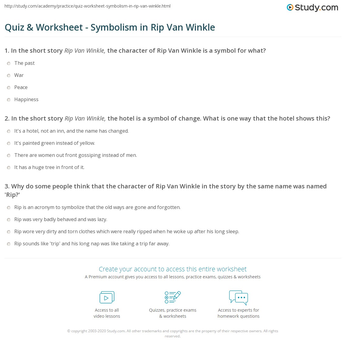 Quiz & Worksheet - Symbolism in Rip Van Winkle | Study.com