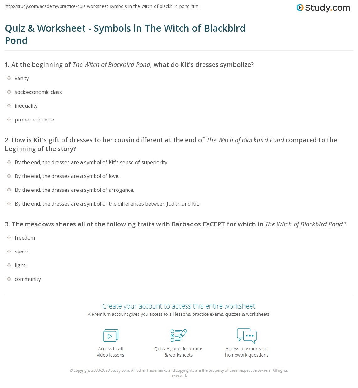 Quiz & Worksheet - Symbols in The Witch of Blackbird Pond | Study.com