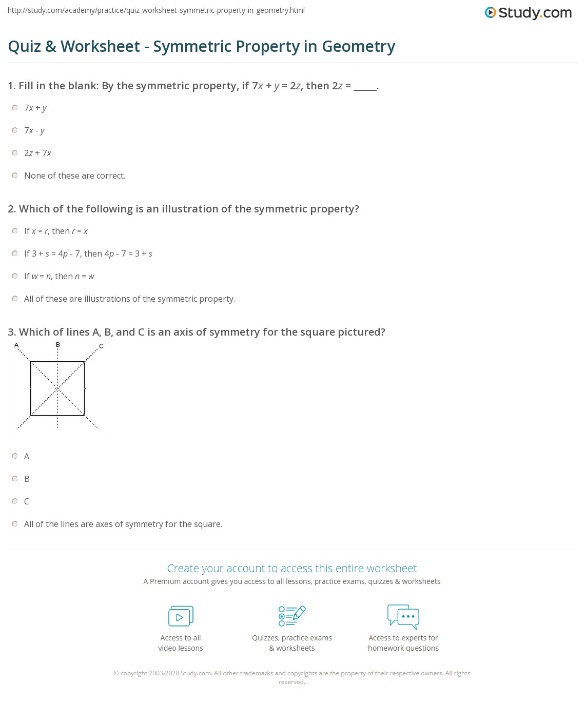 Quiz Worksheet Symmetric Property In Geometry Study