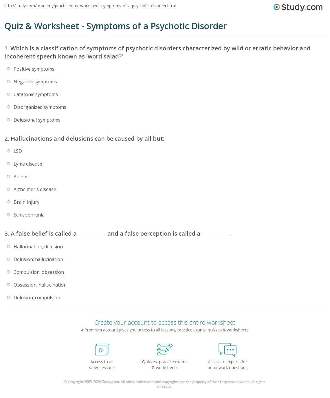 Quiz & Worksheet - Symptoms of a Psychotic Disorder | Study.com