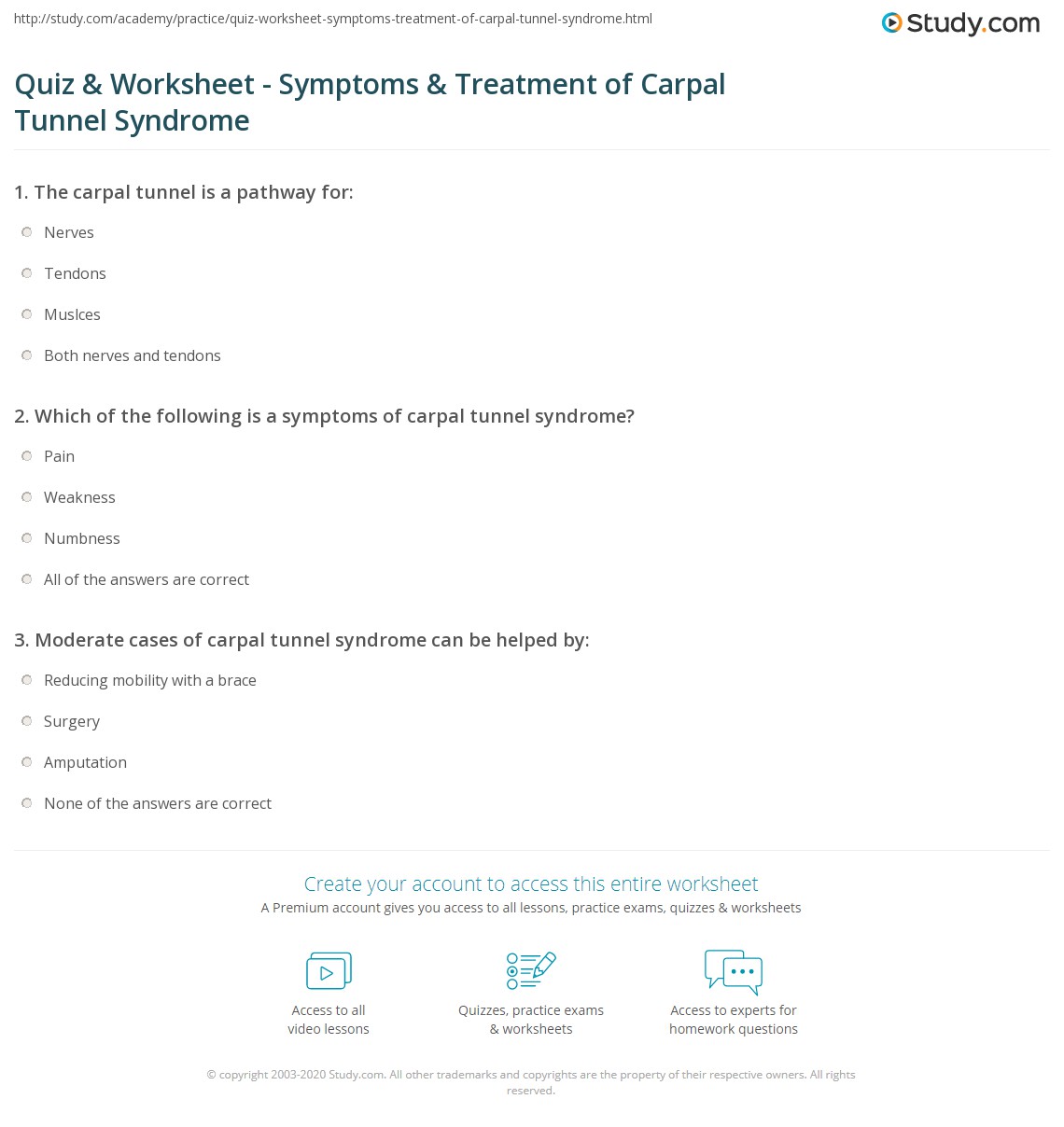 Quiz & Worksheet - Symptoms & Treatment of Carpal Tunnel Syndrome ...